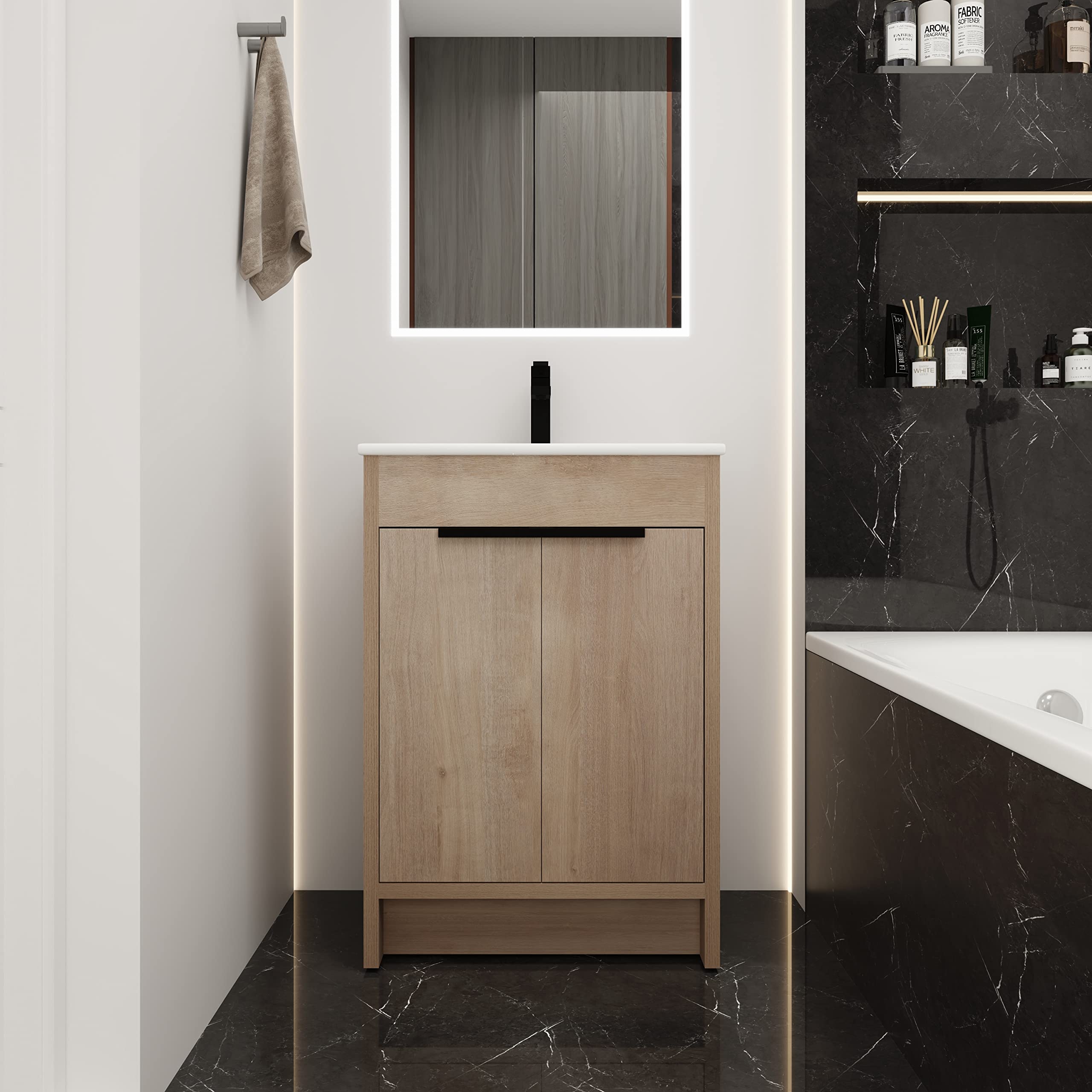 Goujxcy 24'' Freestanding Bathroom Vanity with White Ceramic Sink and 2 Soft-Close Storage Cabinet Doors Wooden Bath Cabinet Integrated Single Sink for Bathroom (Light Oak-24'')