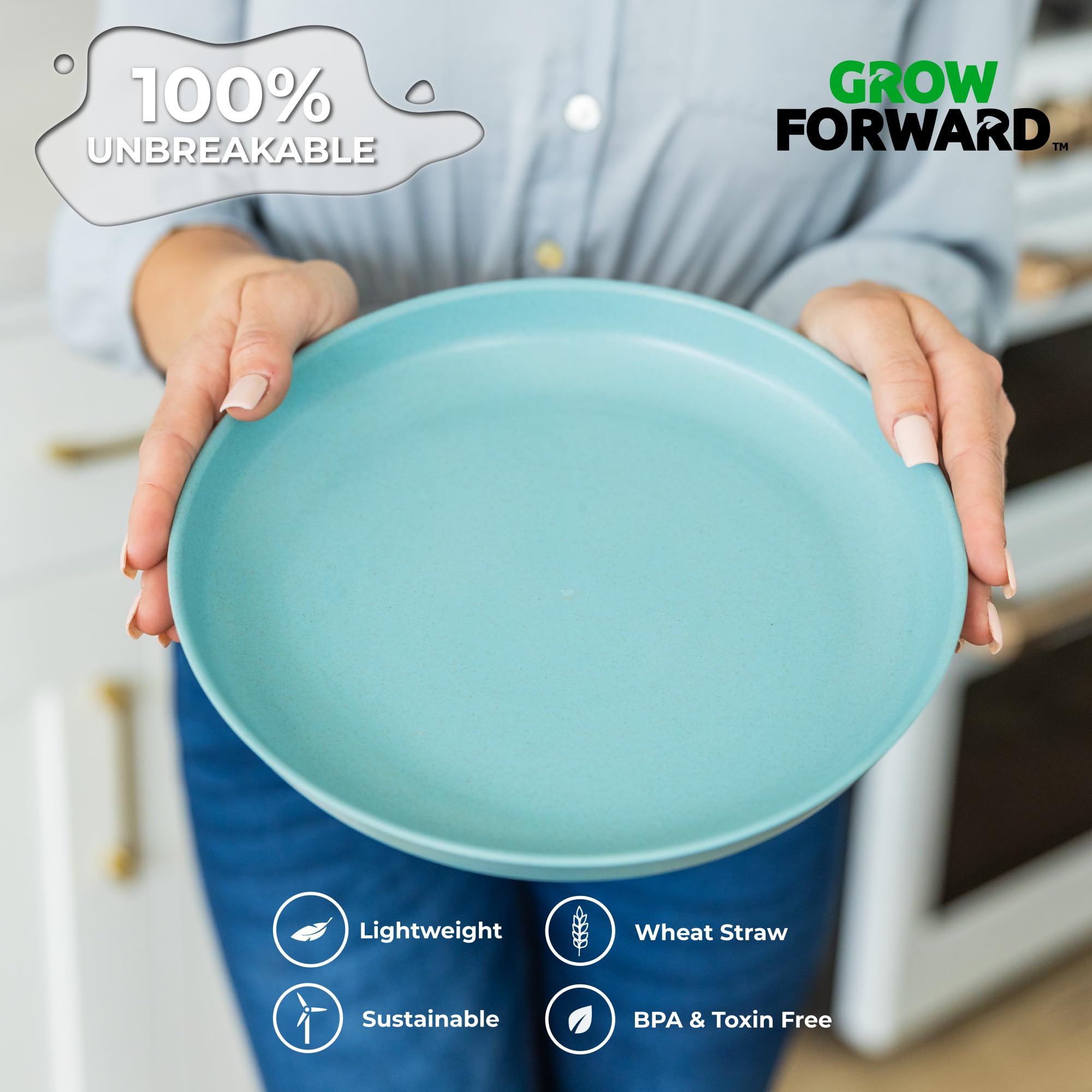 Grow Forward Premium Wheat Straw Plates - 10 Inch Reusable Hard Plastic Dinner Plates Set of 8 - Unbreakable Microwave Safe Plates for Dessert, Camping, RV, Outdoors, Patio, Kitchen Dishes - Seascape