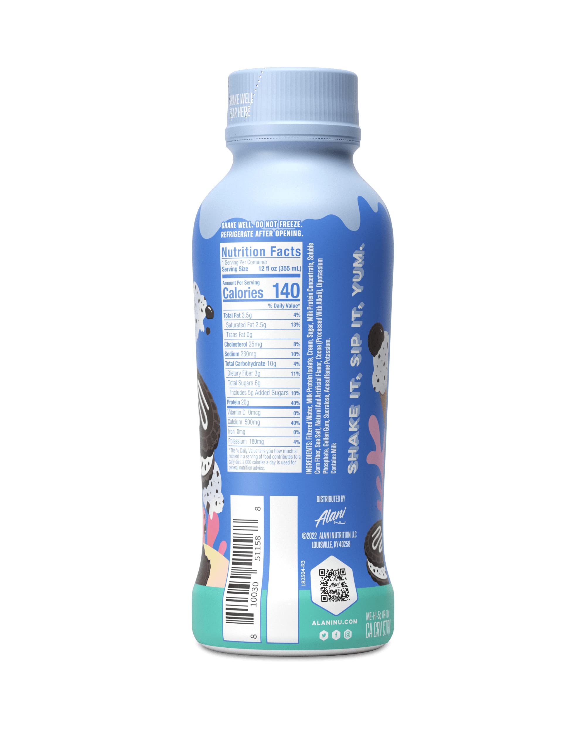 Alani Nu Protein Shake, Ready to Drink, Naturally Flavored, Gluten Free, Only 140 Calories with 20g Protein per 12 Fl Oz bottle (Cookies & Cream, 4 Pack), Number Of Items 1