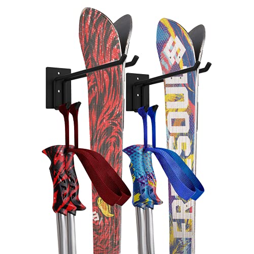 Foozet Ski Storage Rack with Ski Poles Storage Rack Wall Mount Heavy Duty Metal, Suitable for 2 Pairs Snowboard Storage Hanger for Garage Home Indoor Hold up to 100lbs