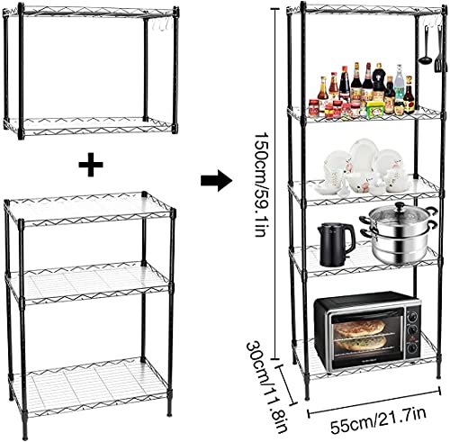vkahaak 5 Tier Adjustable Wire Shelving Unit, 22" x 12" x 60" Metal Storage Rack with 4 Hooks, Steel Utility Storage Shelf Organization for Kitchen/Garage/Bathroom/Pantry/Closet, Black