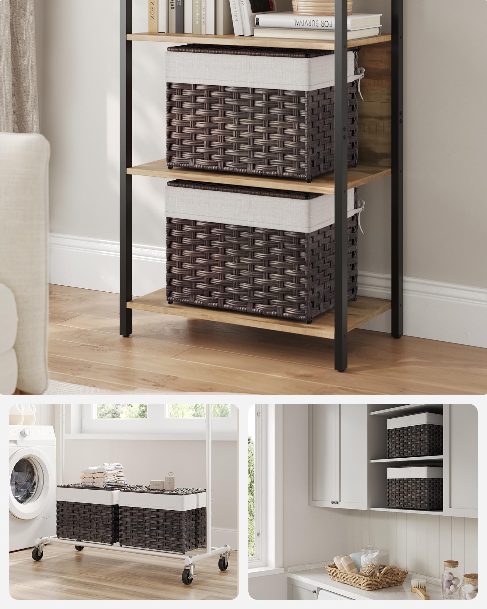 SONGMICS Storage Basket with Lid, 9.2 Gallon (35L) Storage Bin, Woven Blanket Storage Basket with Handles, Foldable, Removable Liner, Metal Frame, for Bedroom, Laundry Room, Brown URST040K01