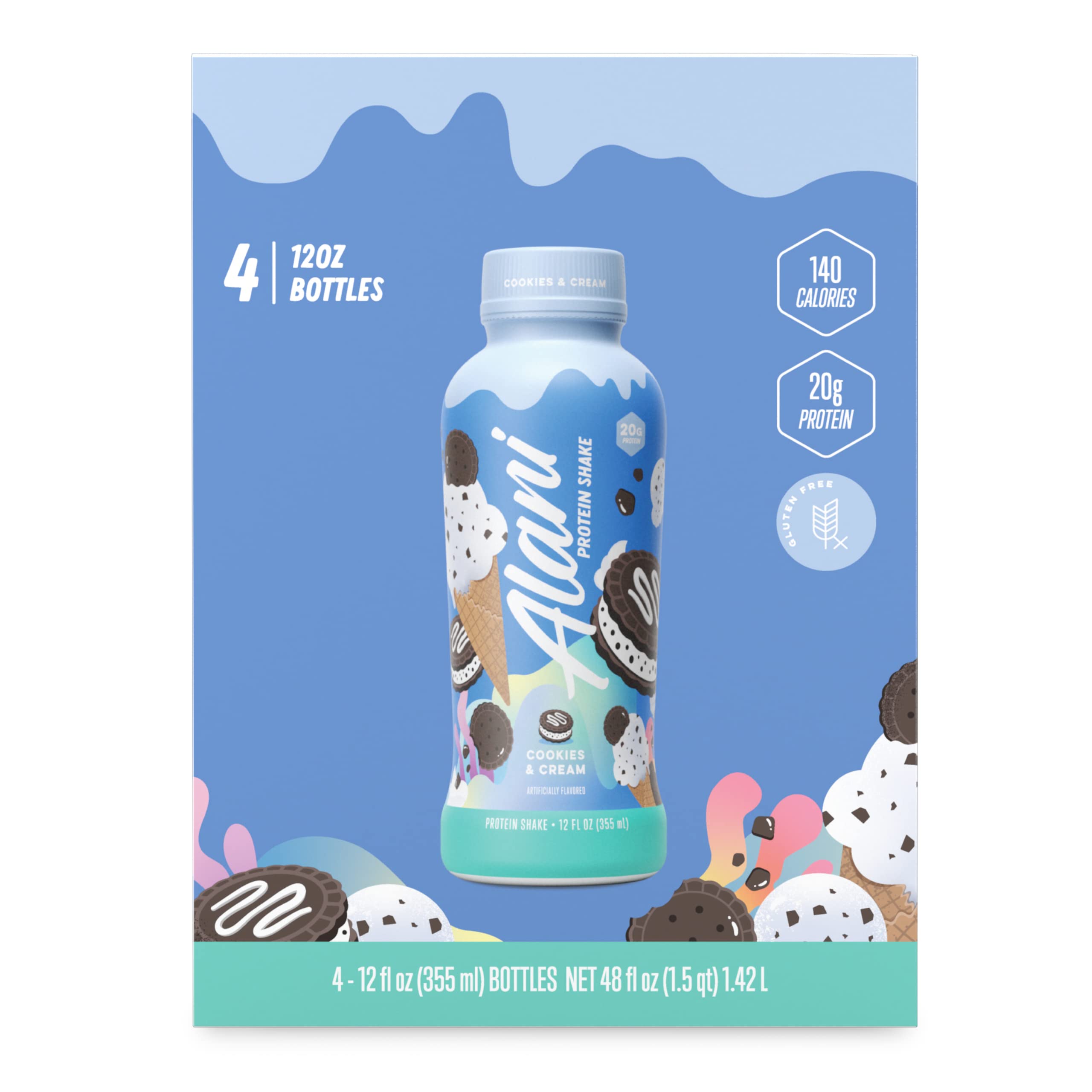 Alani Nu Protein Shake, Ready to Drink, Naturally Flavored, Gluten Free, Only 140 Calories with 20g Protein per 12 Fl Oz bottle (Cookies & Cream, 4 Pack), Number Of Items 1