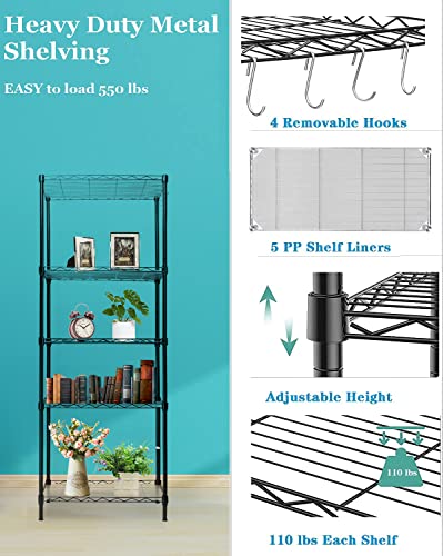 vkahaak 5 Tier Adjustable Wire Shelving Unit, 22" x 12" x 60" Metal Storage Rack with 4 Hooks, Steel Utility Storage Shelf Organization for Kitchen/Garage/Bathroom/Pantry/Closet, Black
