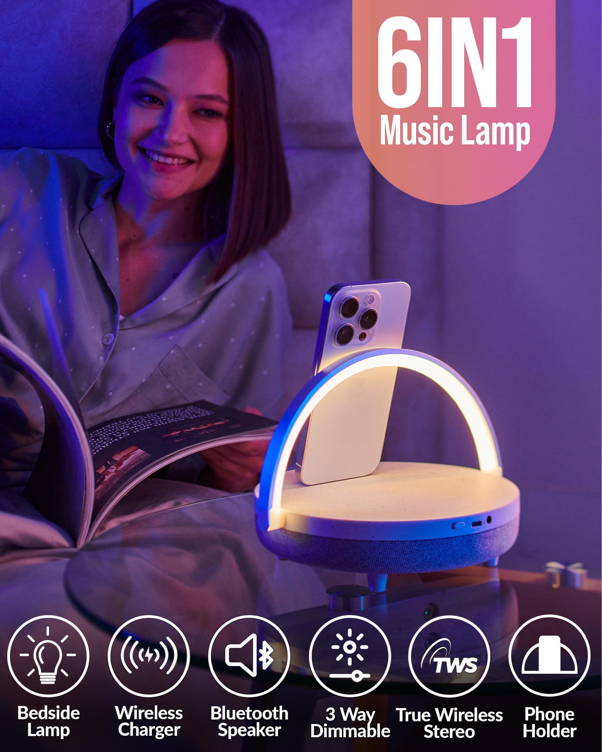 BELMAK Bedside Lamp with Wireless Charger, Phone Charging Lamps for Bedroom, Speaker Lamp Bluetooth Wireless, 6 in 1 Touch Bedside Lamp, Unique Gifts for Women, Dad, Mom, Men Birthday Gift Ideas