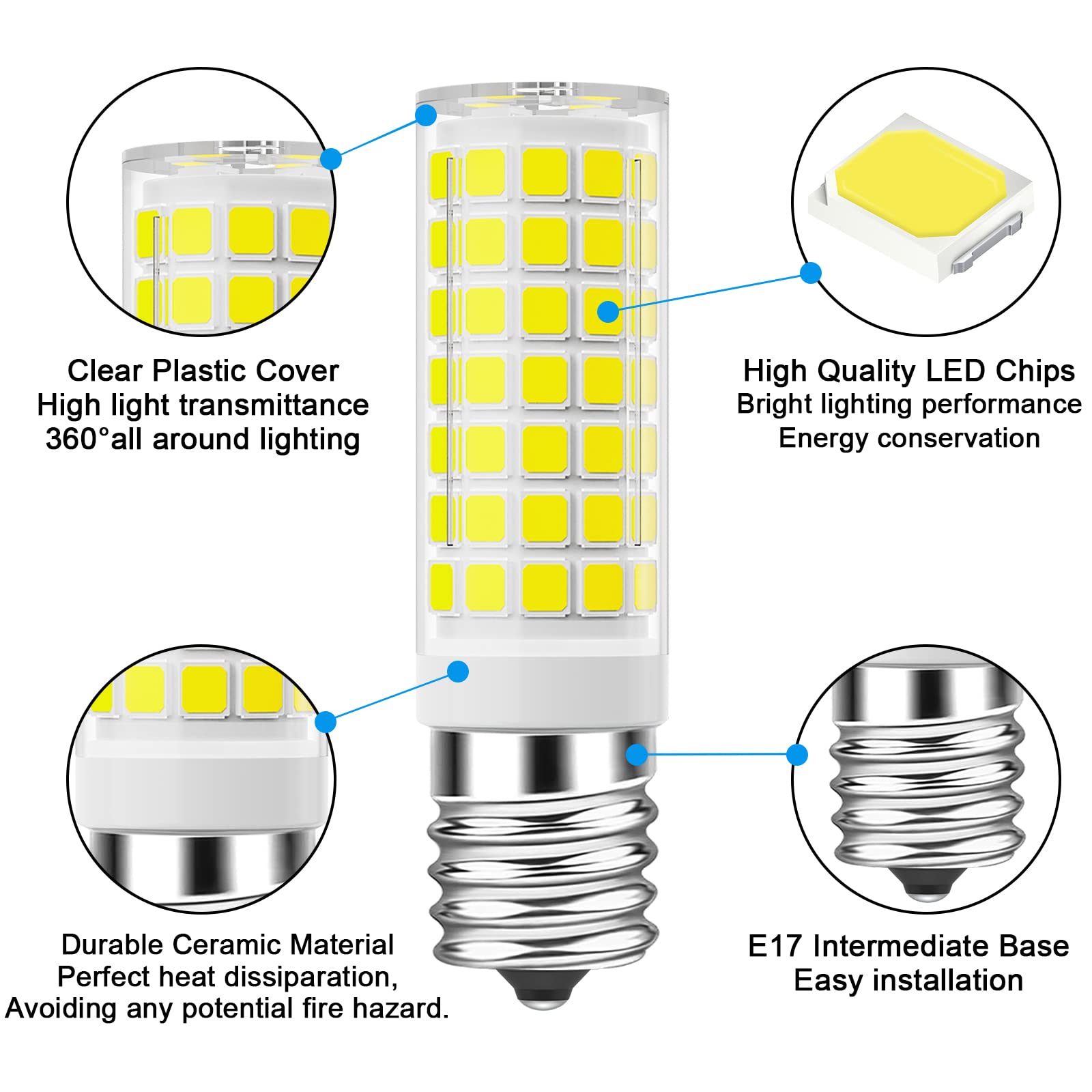 TAIYALOO LED Microwave Light Bulbs Under Hood 60W Equivalent, E17 LED Bulb Dimmable for Range Hood, Refrigerator, 7W 630 Lumens, LED Appliance Light Bulb Over Stove, Daylight White 6000K, 2 Pack