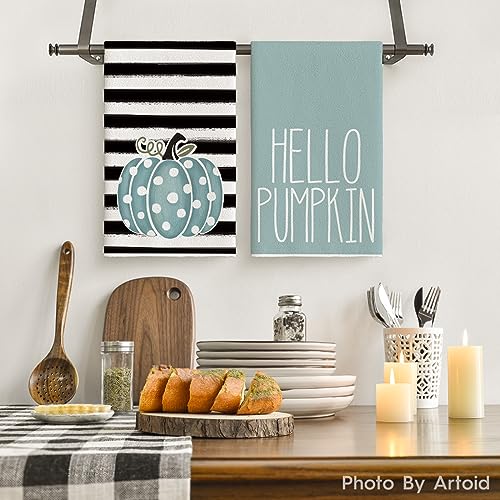 Artoid Mode Blue Polka Dot Stripes Maple Leaves Fall Kitchen Towels Dish Towels, 18x26 Inch Seasonal Hello Pumpkin Decoration Hand Towels Set of 3