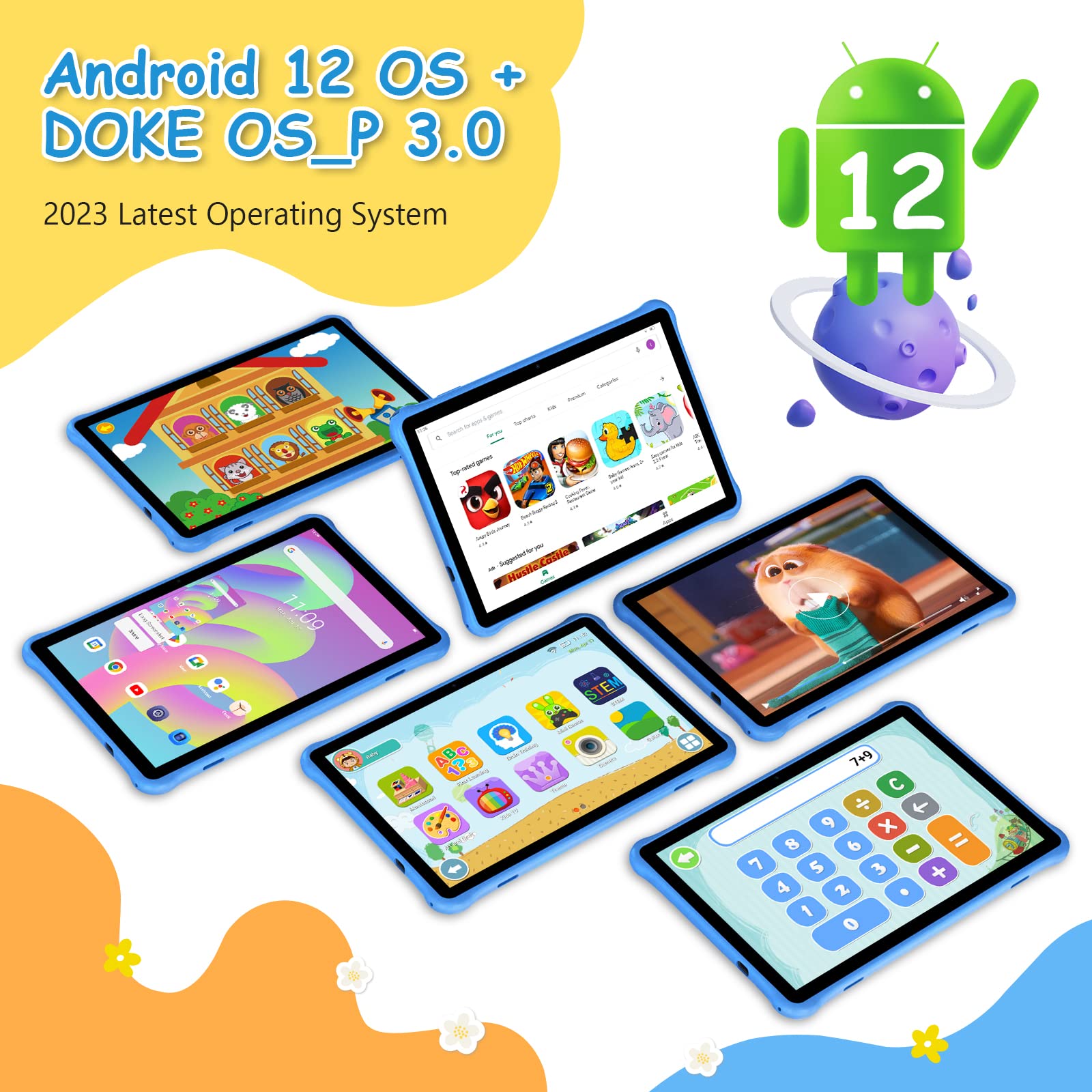Blackview Kids Tablet Android 12 Tablet Tab A7 Kids 10.1 inch Tablets 64GB ROM 1TB Expand 6580mAh Toddler Tablet Bluetooth IPS HD+ Display Parental Control Educational Games Blue