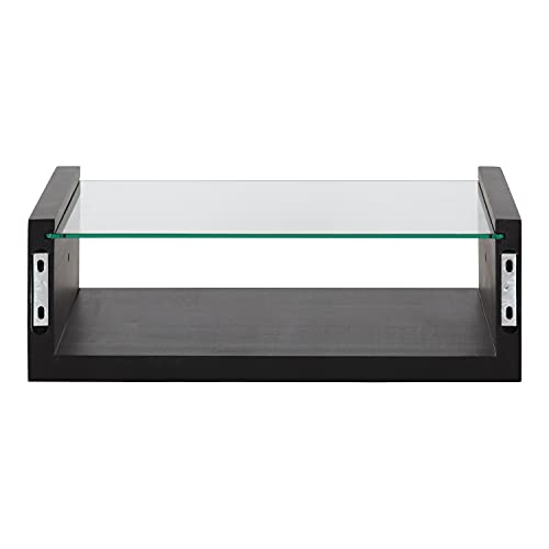 Kate and Laurel Holt Modern Floating Shelf, 18 x 10, Black, Floating Wood Shelf with Tempered Glass Top for Storage and Display