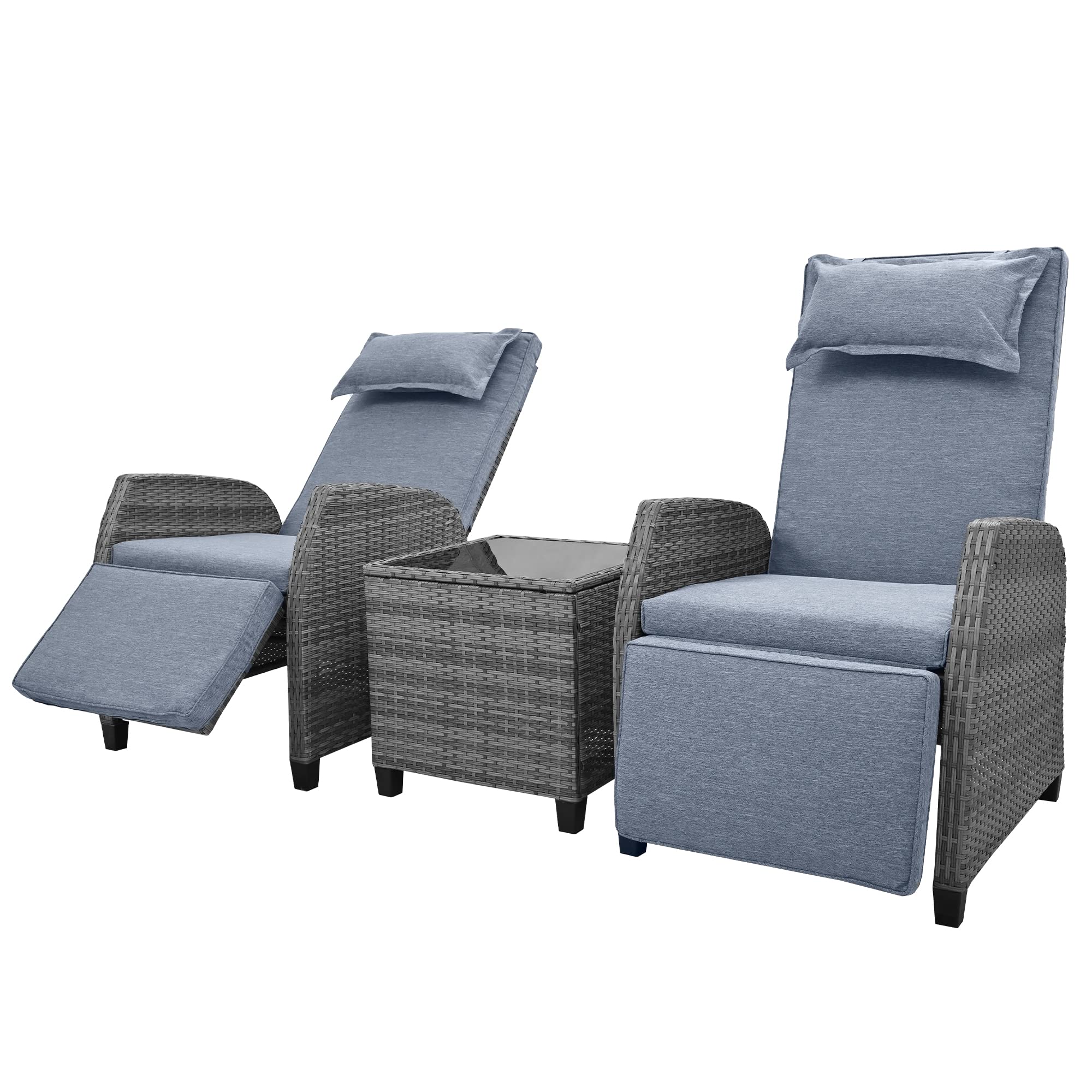 VilroCaz Outdoor Patio Rattan Single Sofa Set with Adjustable Backrest and Coffee Table, All Weather Two-Person PE Wicker Conversation Chairs Set for Courtyard, Swimming Pool, Balcony (Gray-3 Piece)