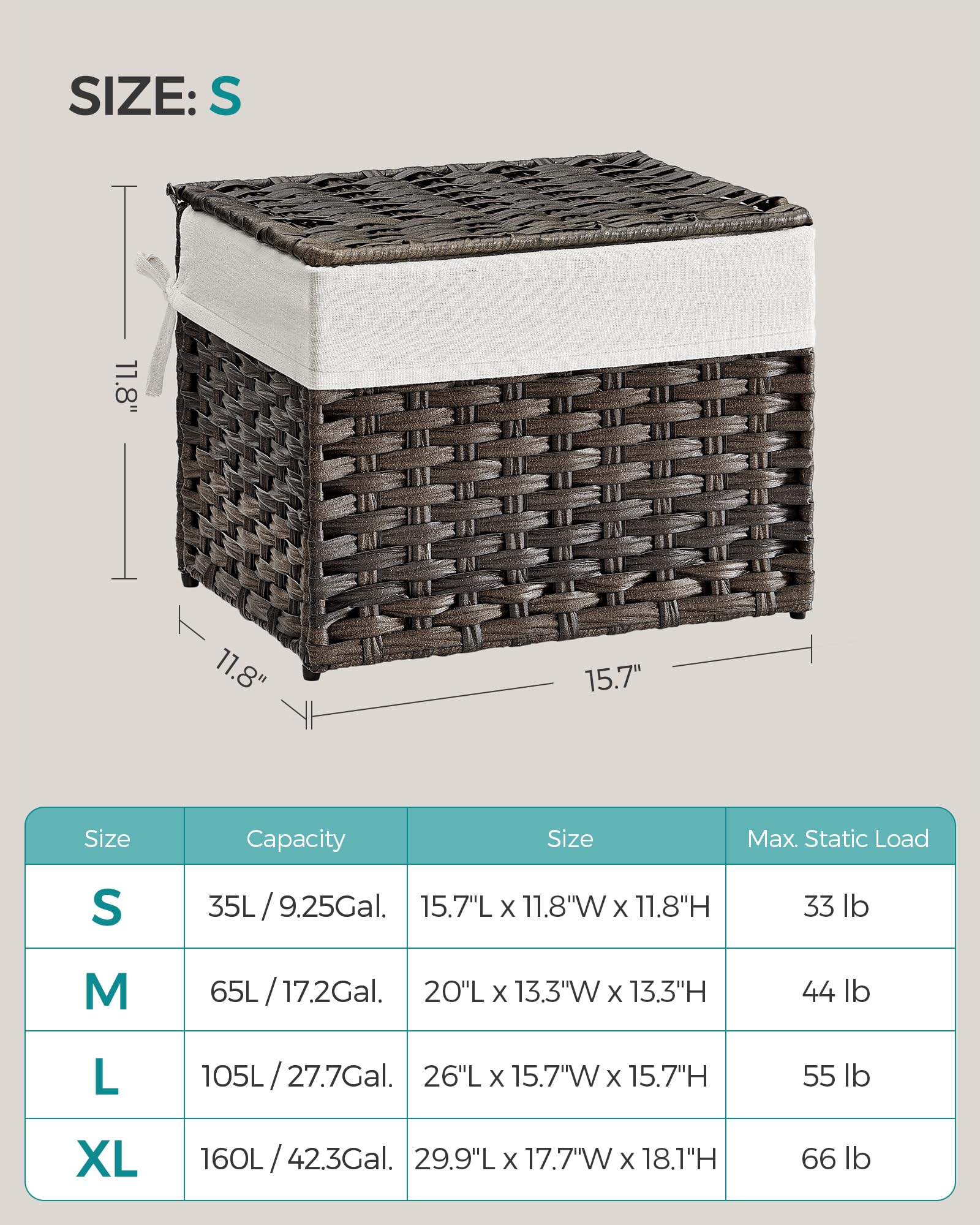 SONGMICS Storage Basket with Lid, 9.2 Gallon (35L) Storage Bin, Woven Blanket Storage Basket with Handles, Foldable, Removable Liner, Metal Frame, for Bedroom, Laundry Room, Brown URST040K01