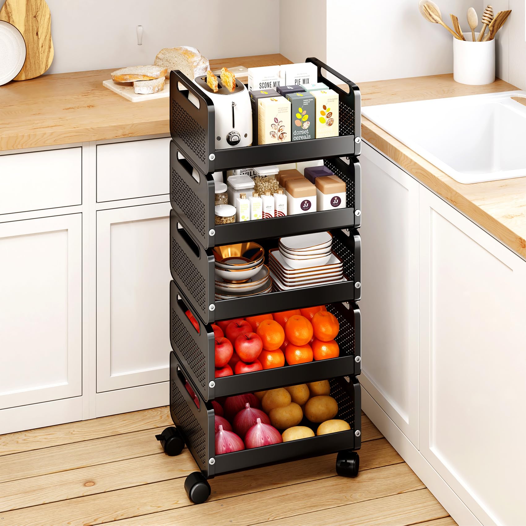 5 Tier Rolling Cart, Stackable Metal Kitchen Storage Cart with Wheels, Black