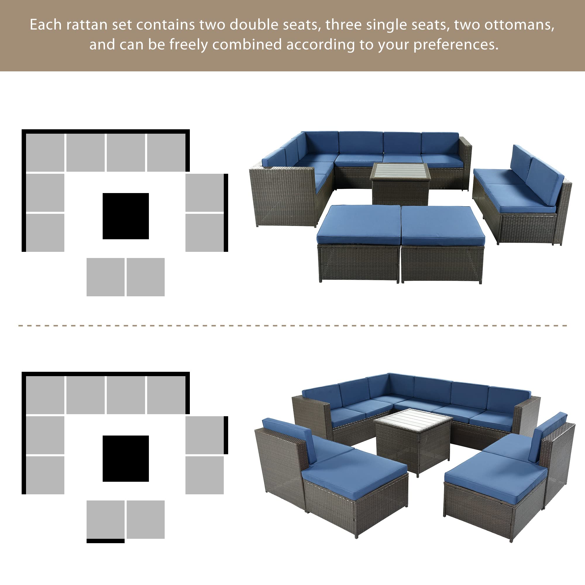 Merax 9-Piece Patio Furniture Set Outdoor Conversation PE Wicker Rattan Sectional Sofa, Coffee Table and Ottoman, Blue