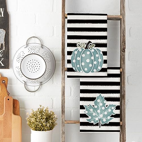 Artoid Mode Blue Polka Dot Stripes Maple Leaves Fall Kitchen Towels Dish Towels, 18x26 Inch Seasonal Hello Pumpkin Decoration Hand Towels Set of 3