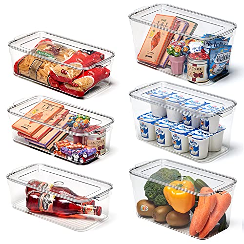 EZOWare 6 Pack Stackable Clear Refrigerator Organizer Bins with Lid, Narrow Plastic Storage Box Containers Ideal for Kitchen Cabinet, Pantry Organization, Fridge, Freezer - 2 Sizes
