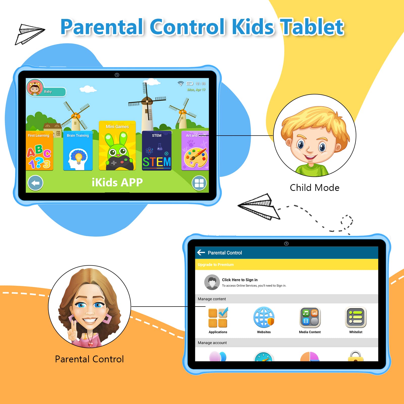 Blackview Kids Tablet Android 12 Tablet Tab A7 Kids 10.1 inch Tablets 64GB ROM 1TB Expand 6580mAh Toddler Tablet Bluetooth IPS HD+ Display Parental Control Educational Games Blue