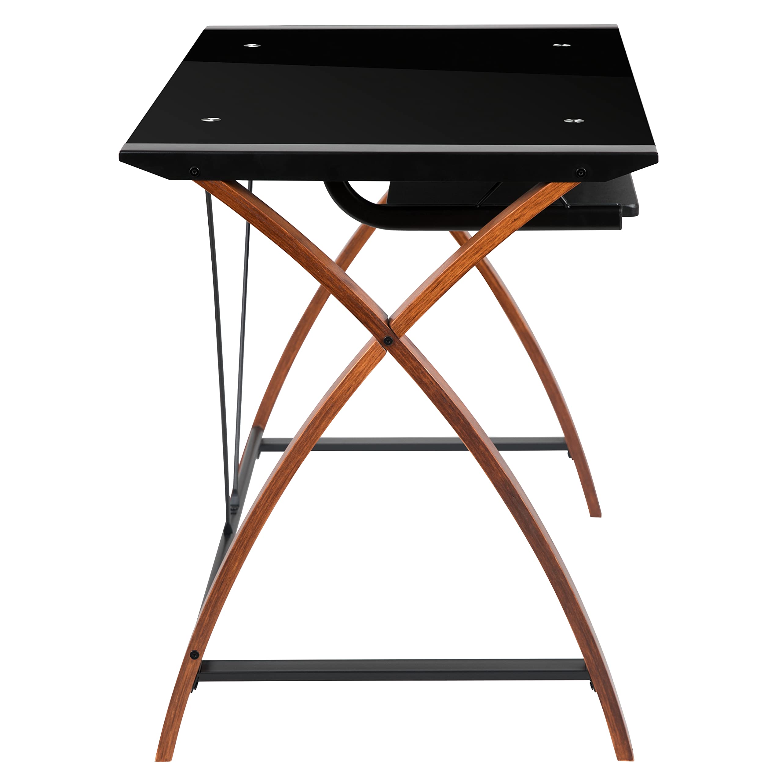 EMMA + OLIVER Black Glass Computer Desk with Pull-Out Keyboard Tray and Crisscross Frame
