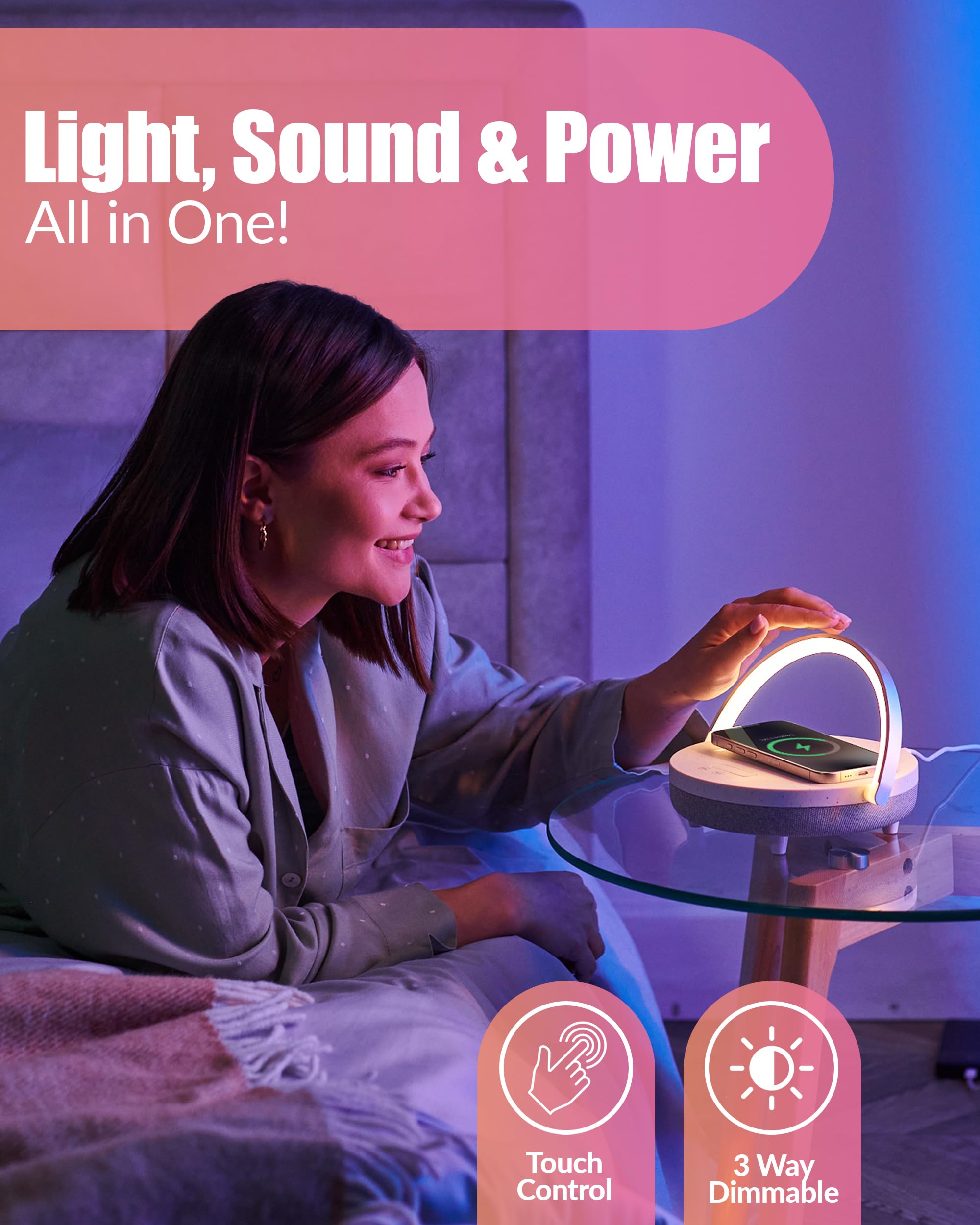 BELMAK Bedside Lamp with Wireless Charger, Phone Charging Lamps for Bedroom, Speaker Lamp Bluetooth Wireless, 6 in 1 Touch Bedside Lamp, Unique Gifts for Women, Dad, Mom, Men Birthday Gift Ideas