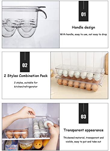 BELWAD 2 Pack Clear Food Grade PET Egg Holder with Lids & Handle,Large Capacity Stackable Fridge Egg Organizer Bin,Fits 14/21 Eggs,Transparent