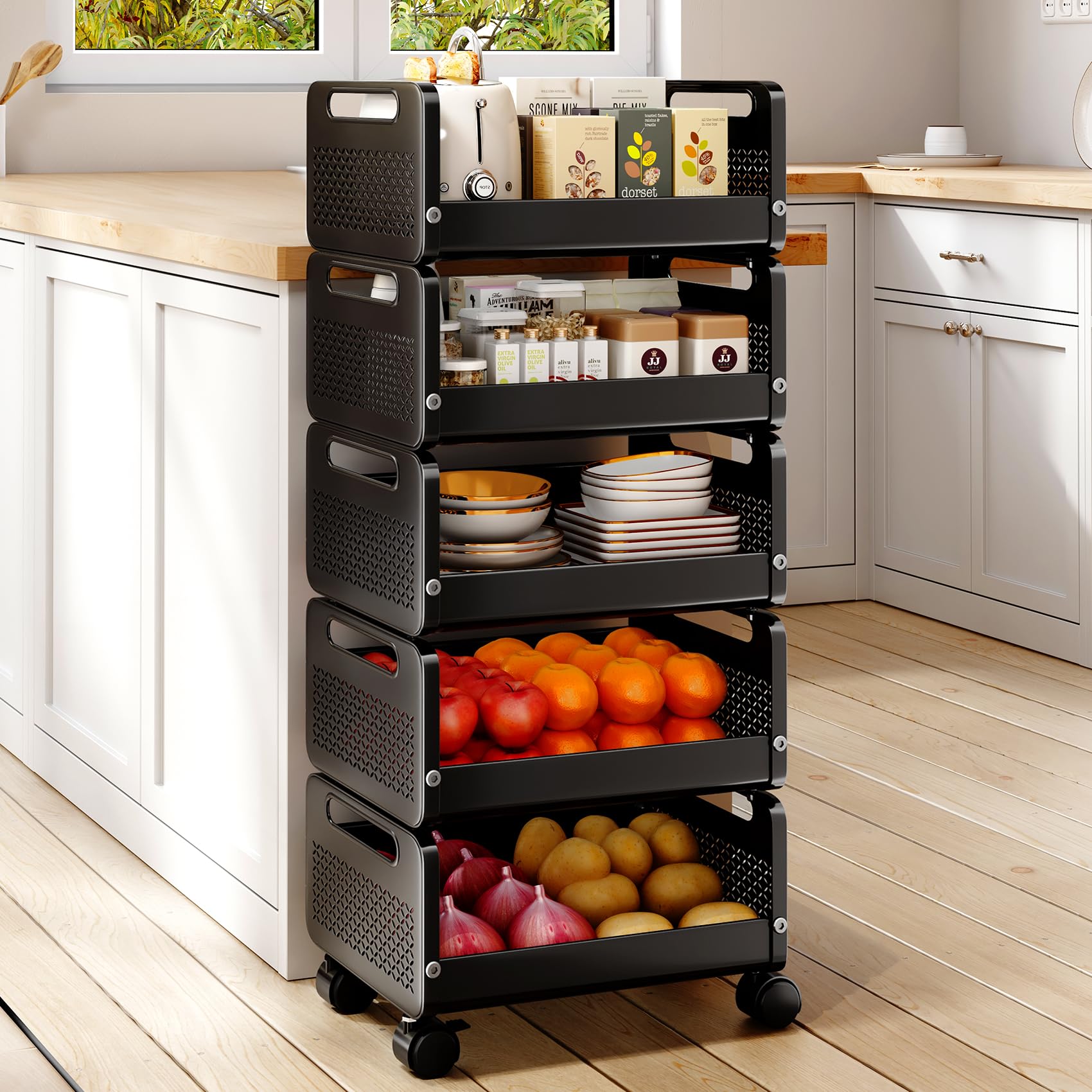 5 Tier Rolling Cart, Stackable Metal Kitchen Storage Cart with Wheels, Black
