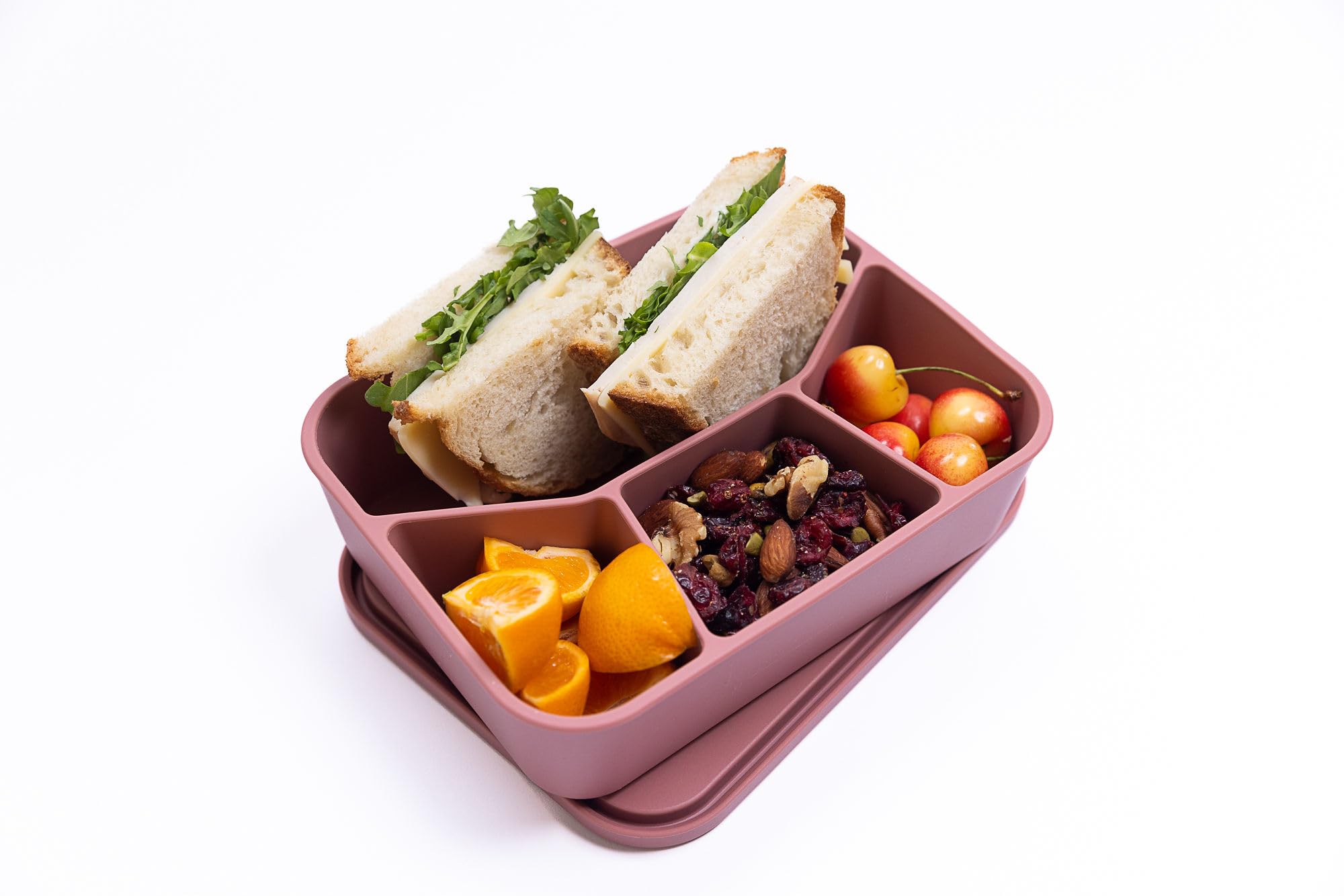 Spoondrift 100% Food Grade Eco-Friendly Leak-Proof Silicone Bento Box Lunchbox, For Child And Adult, 4 Compartment, Choose from 6 Colors, Includes 1 Box (Dark Pink)