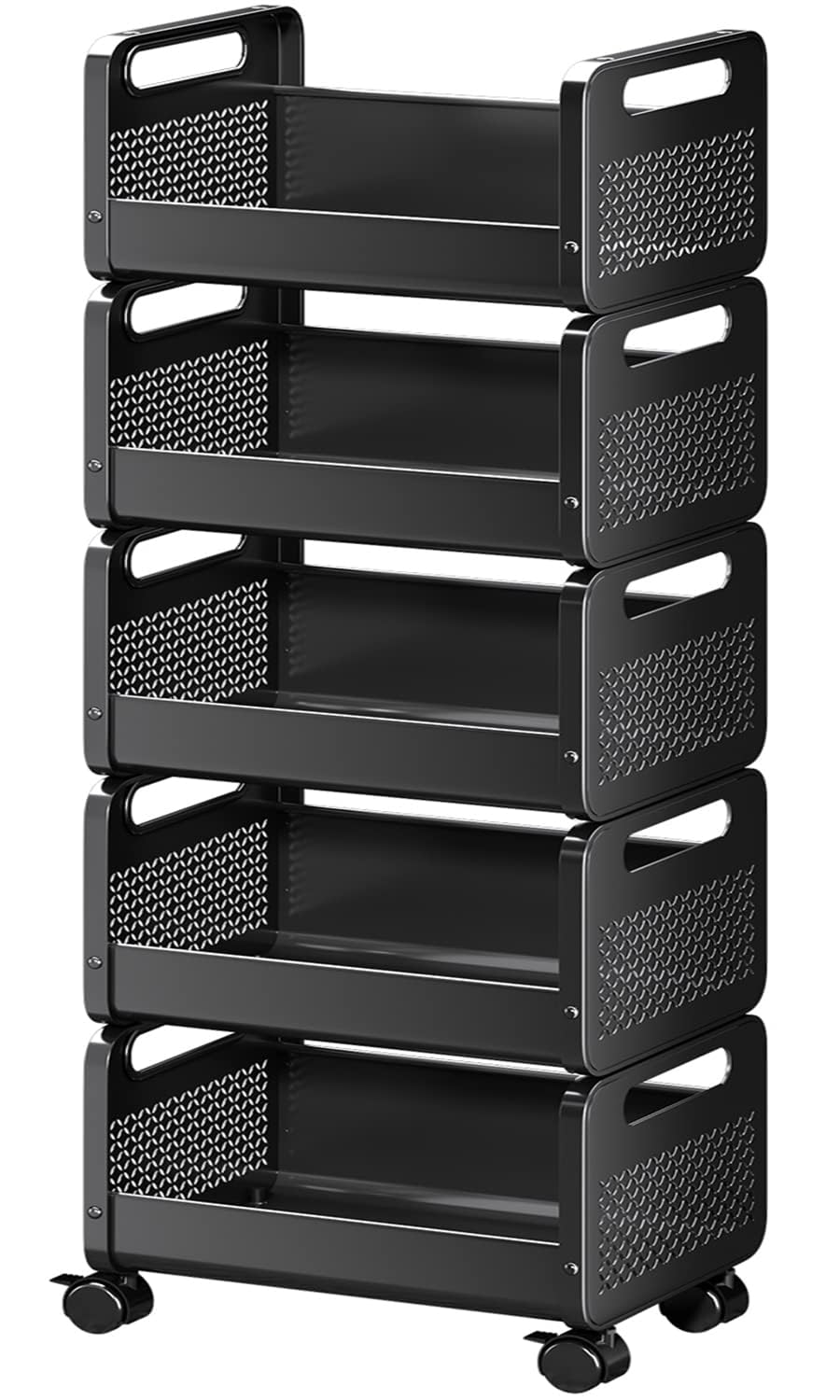 5 Tier Rolling Cart, Stackable Metal Kitchen Storage Cart with Wheels, Black
