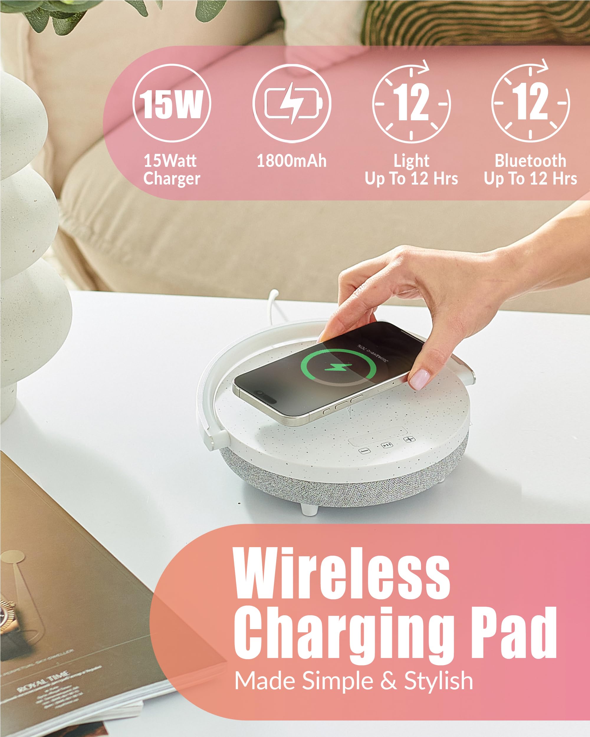 BELMAK Bedside Lamp with Wireless Charger, Phone Charging Lamps for Bedroom, Speaker Lamp Bluetooth Wireless, 6 in 1 Touch Bedside Lamp, Unique Gifts for Women, Dad, Mom, Men Birthday Gift Ideas