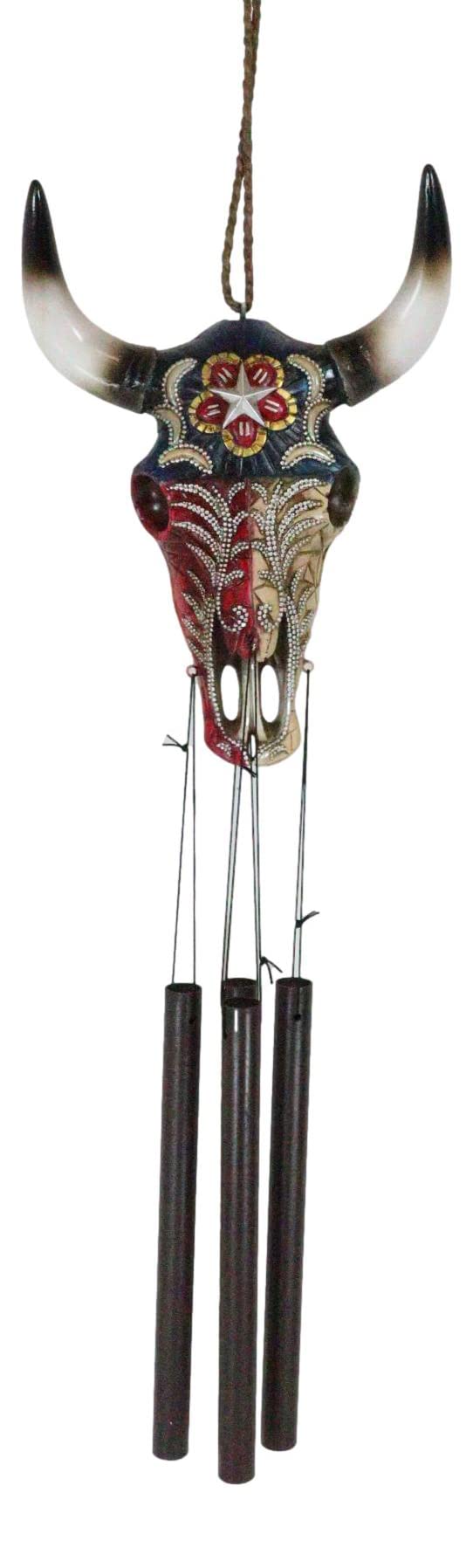 Ebros Gift Large Patriotic Texas Flag Colors Western Star Floral Details Bison Bull Cow Skull Rustic Decorative Wind Chime Garden Patio As Wildlife Hanging Mobile Figurine