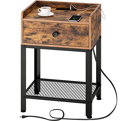 Rolanstar Nightstand with Charging Station and USB Ports, Rustic End Table with Drawer and Metal Shelf for Bedroom, Living Room, Rustic Brown