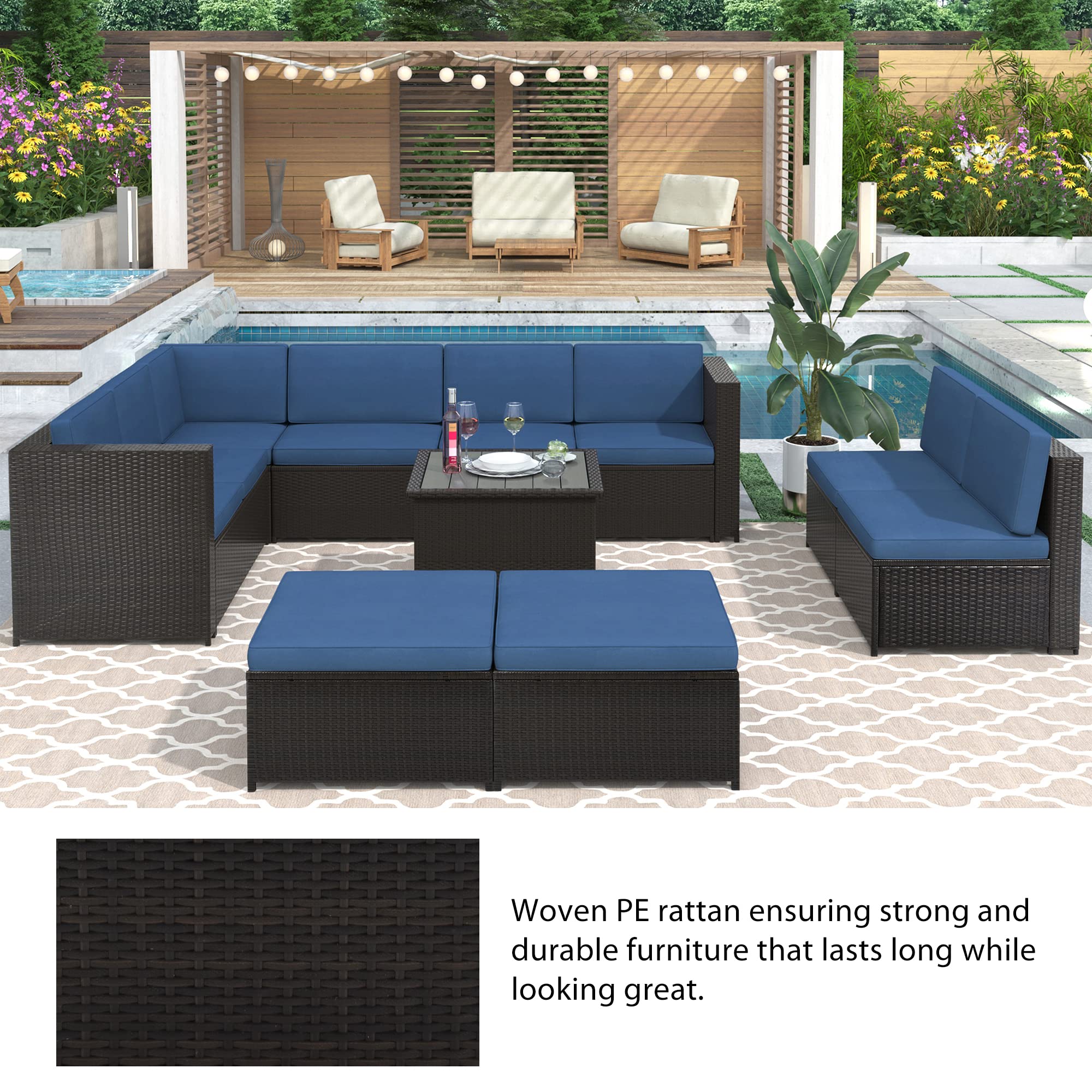 Merax 9-Piece Patio Furniture Set Outdoor Conversation PE Wicker Rattan Sectional Sofa, Coffee Table and Ottoman, Blue