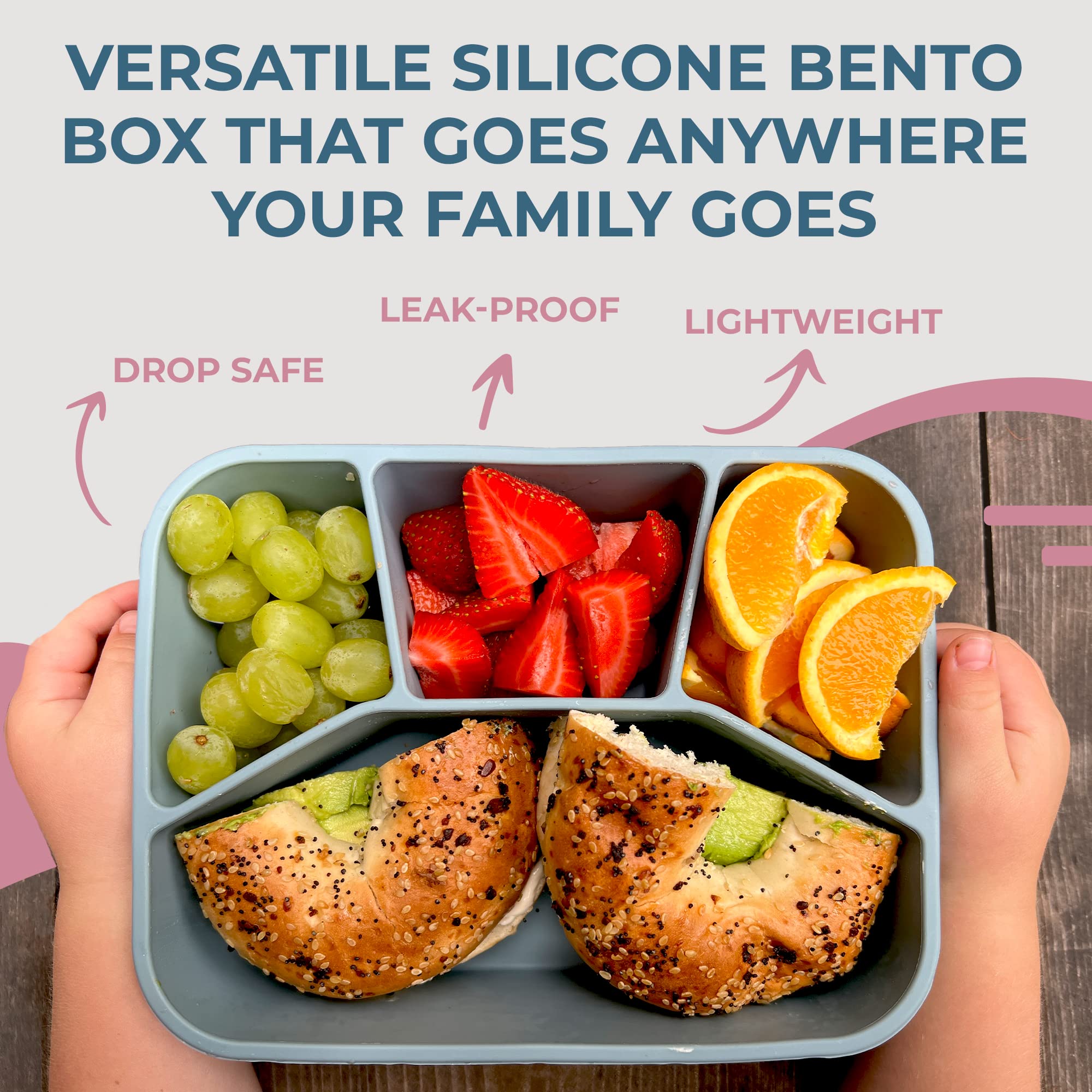 Spoondrift 100% Food Grade Eco-Friendly Leak-Proof Silicone Bento Box Lunchbox, For Child And Adult, 4 Compartment, Choose from 6 Colors, Includes 1 Box (Dark Pink)