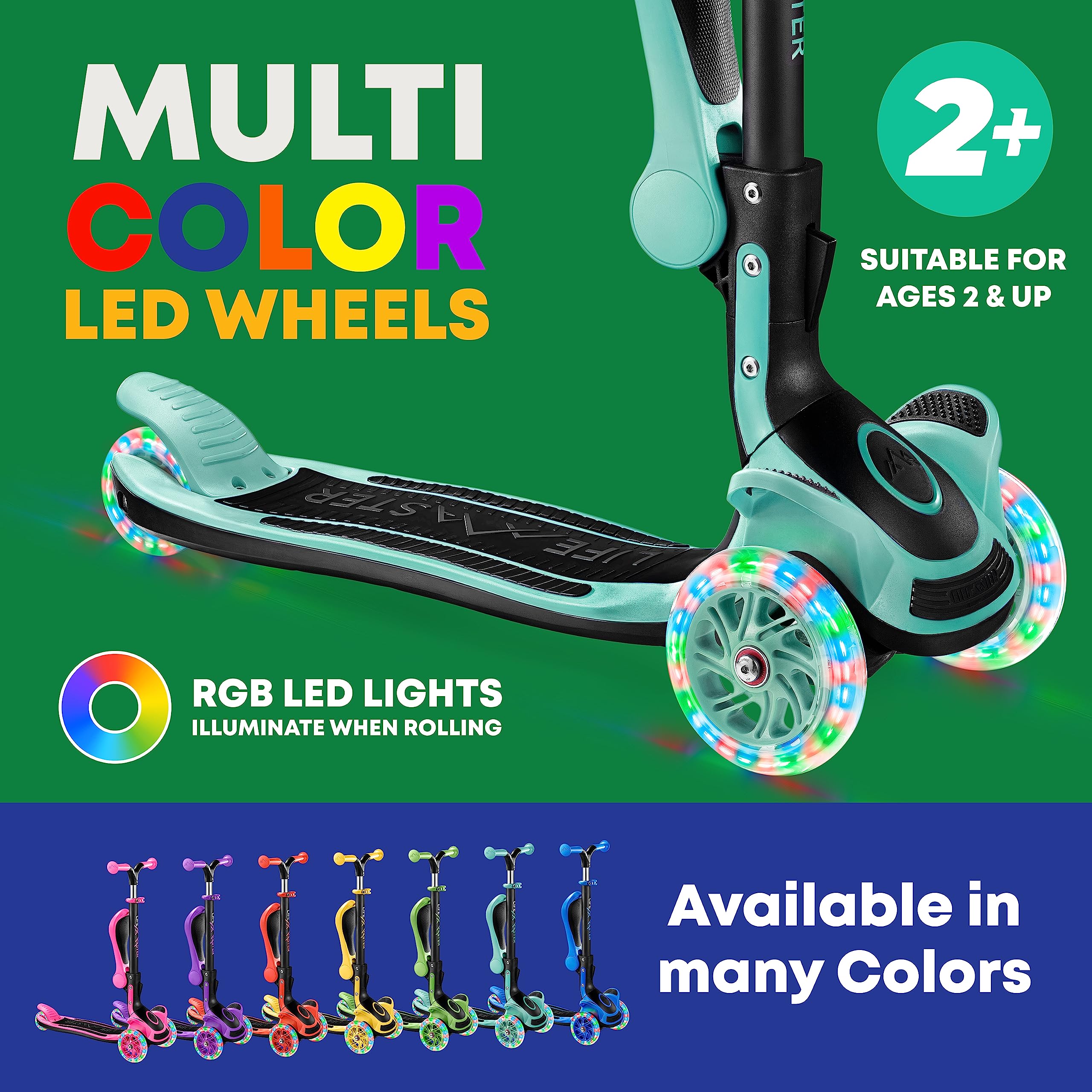 Kids Scooter – Foldable Seat – LED Wheel Lights Illuminate When Rolling – Children and Toddler 3 Wheel Kick Scooter – Adjustable Handlebar – Indoor and Outdoor- Pink - by Lifemaster