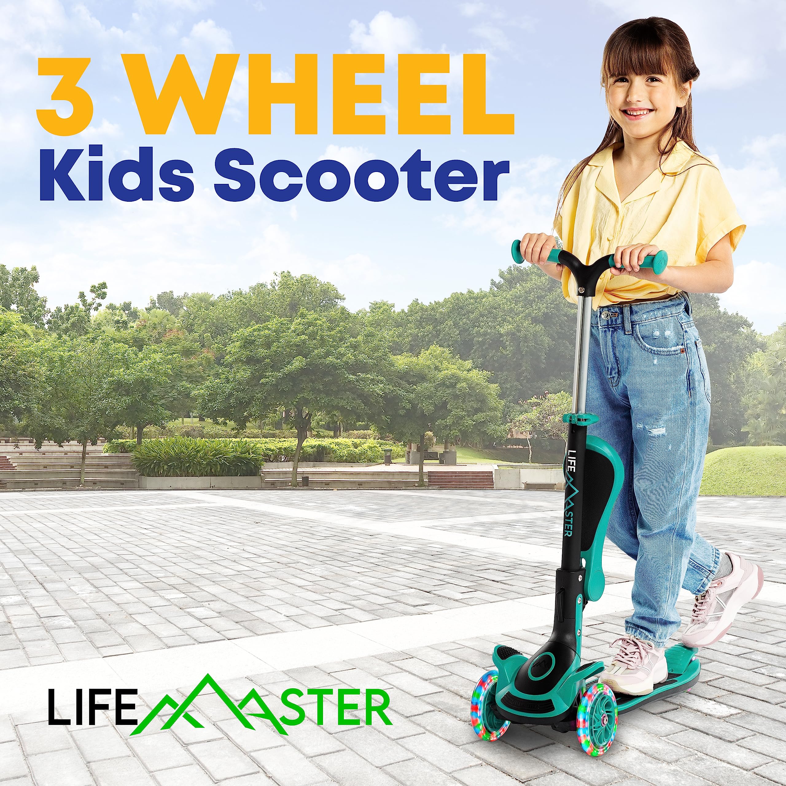 Kids Scooter – Foldable Seat – LED Wheel Lights Illuminate When Rolling – Children and Toddler 3 Wheel Kick Scooter – Adjustable Handlebar – Indoor and Outdoor- Pink - by Lifemaster