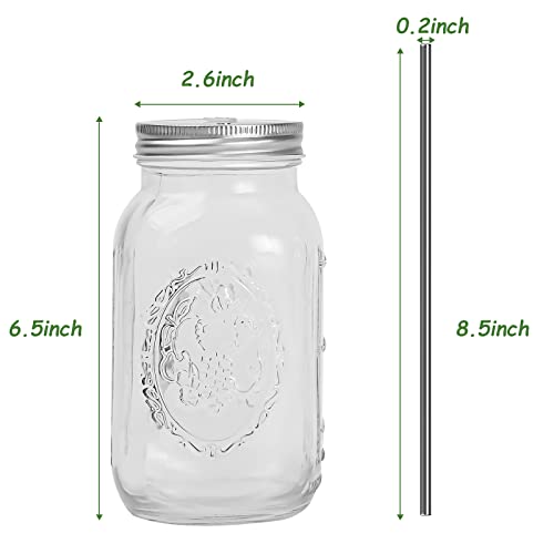 Smoothie Cups, Glass Mason Drinking Jar, 24oz Smoothie Cups with Lid and Stainless Steel Straw, Regular Mouth Mason Jars, Drinking Mugs, Tea Cup Travel Mug, Ideal for Juice, Milk (Pack Of 2, Clear)
