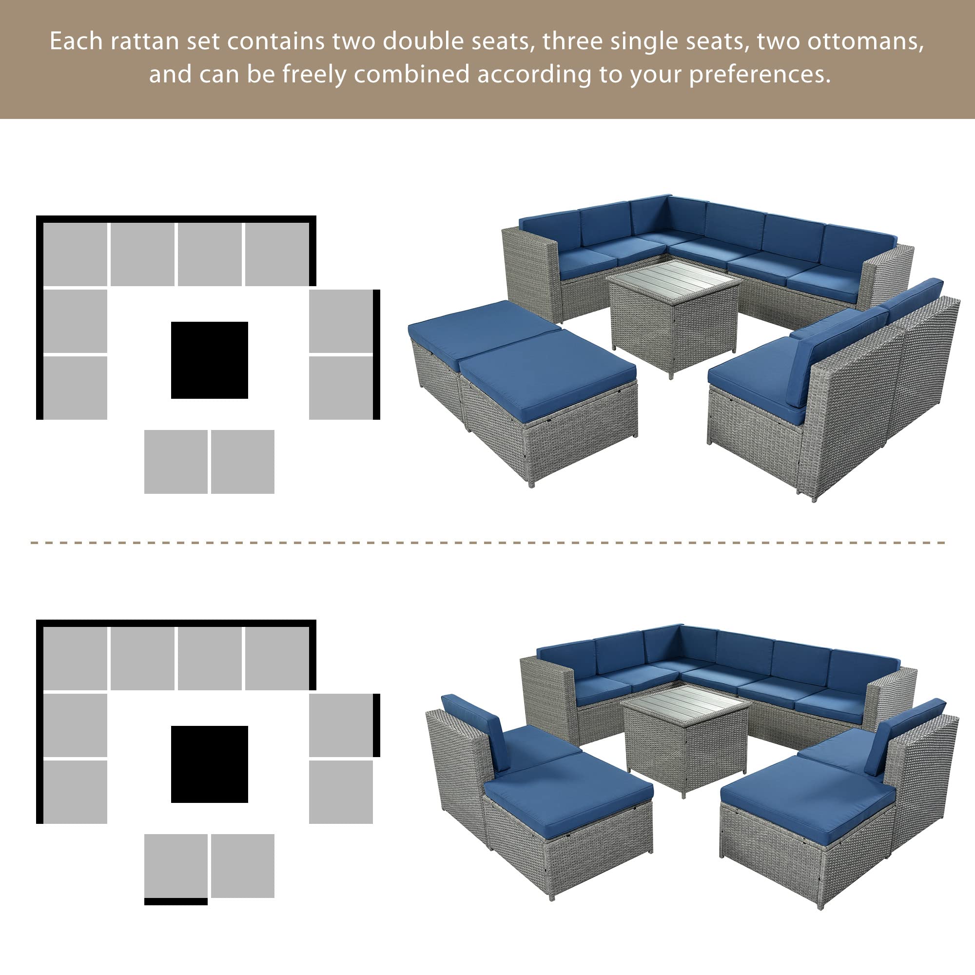 Merax 9 Pieces Patio Furniture Set Outdoor Conversation PE Wicker Rattan Sectional Sofa, Coffee Table and Ottoman, Gray