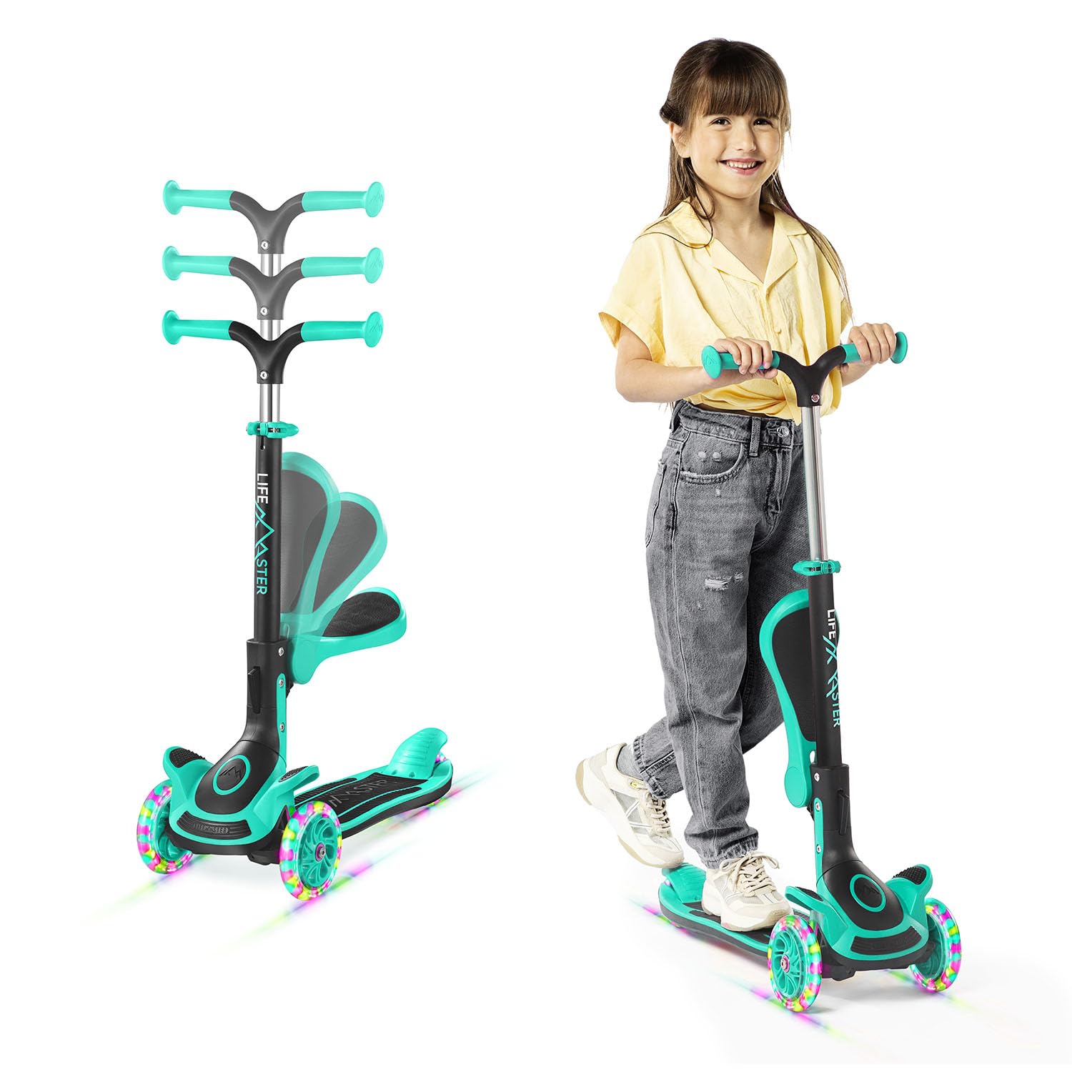Kids Scooter – Foldable Seat – LED Wheel Lights Illuminate When Rolling – Children and Toddler 3 Wheel Kick Scooter – Adjustable Handlebar – Indoor and Outdoor- Pink - by Lifemaster