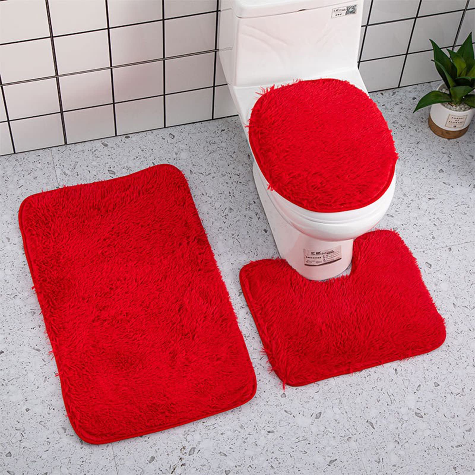 Bathroom Rugs Sets 3 Piece, Velvet Memory Foam Bath Mat - Non-Slip, Machine Washable Bath Rugs - Dries Quickly, Soft Plush Anti-Slip Rectangular Bath Rug + U-Shaped Toilet MaT. (Red)