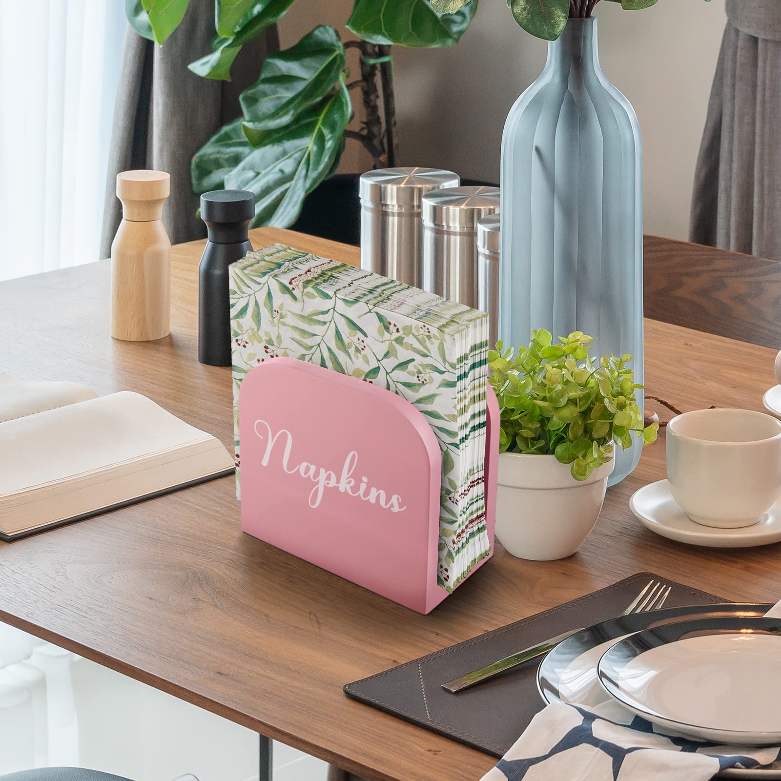 Pink Napkin Holder for Table - ALELION Wooden Napkin Holders for Kitchen - Pink Kitchen Decor and Accessories for Dining Room Table Decor - Wood Napkin Dispenser