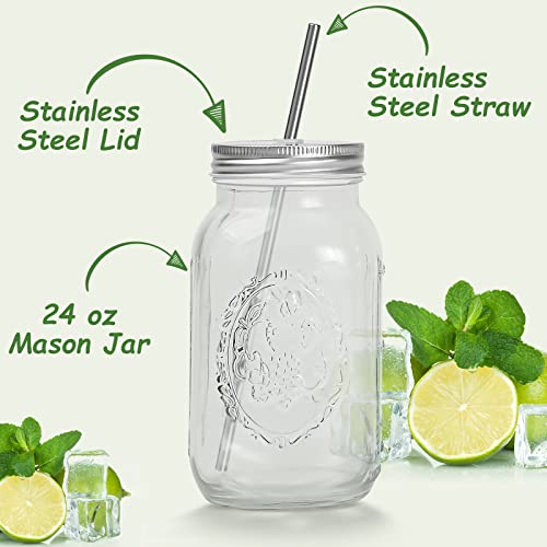 Smoothie Cups, Glass Mason Drinking Jar, 24oz Smoothie Cups with Lid and Stainless Steel Straw, Regular Mouth Mason Jars, Drinking Mugs, Tea Cup Travel Mug, Ideal for Juice, Milk (Pack Of 2, Clear)