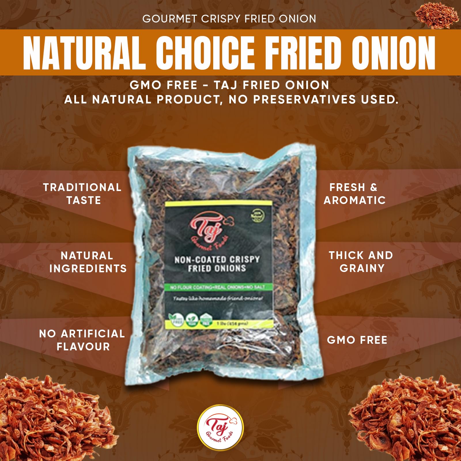 TAJ Crispy Fried Onion 100% Natural | Great for Seasoning Garnishing on Sushi, Green Bean Casseroles, etc. (Non-Coated, 908g (2lbs))