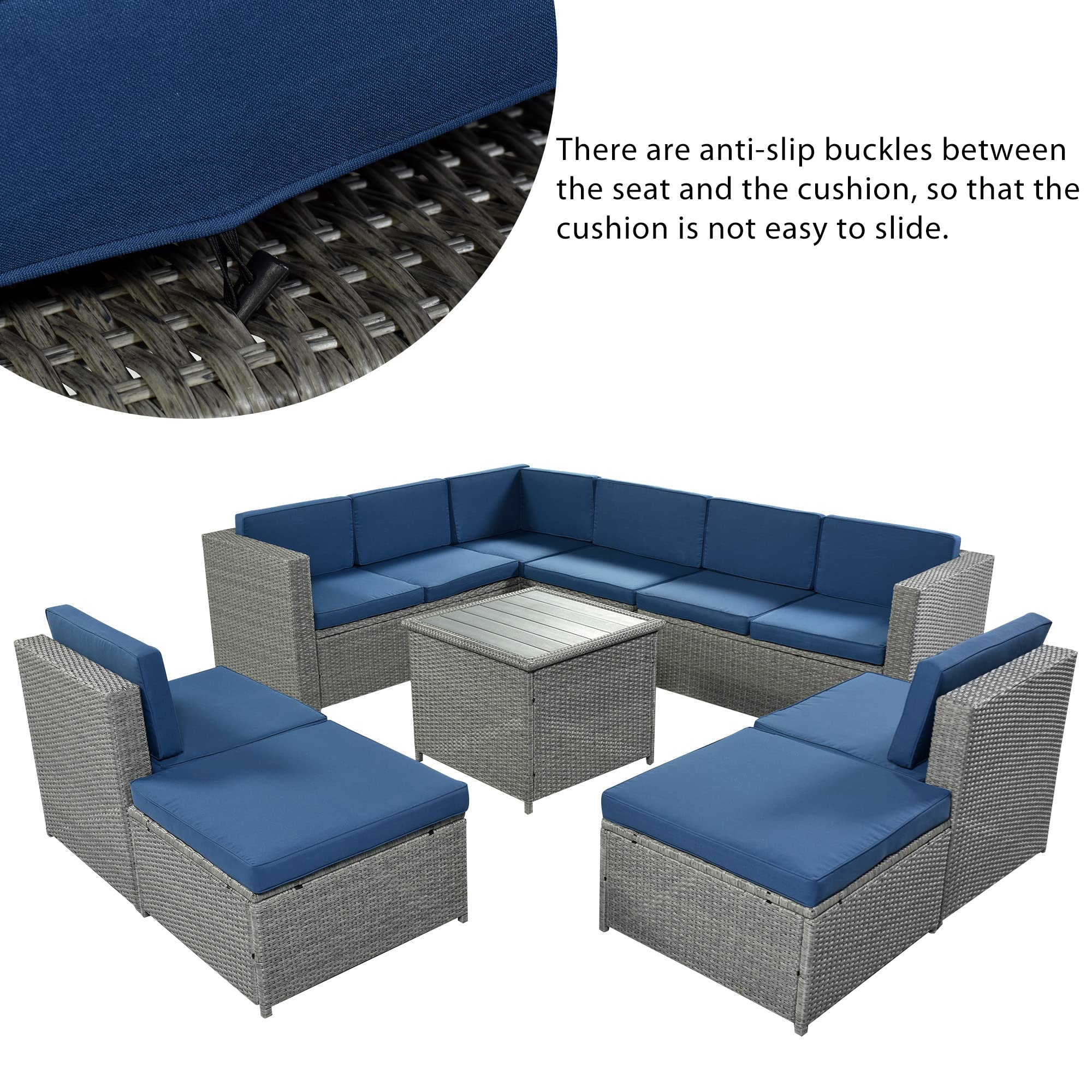Merax 9 Pieces Patio Furniture Set Outdoor Conversation PE Wicker Rattan Sectional Sofa, Coffee Table and Ottoman, Gray