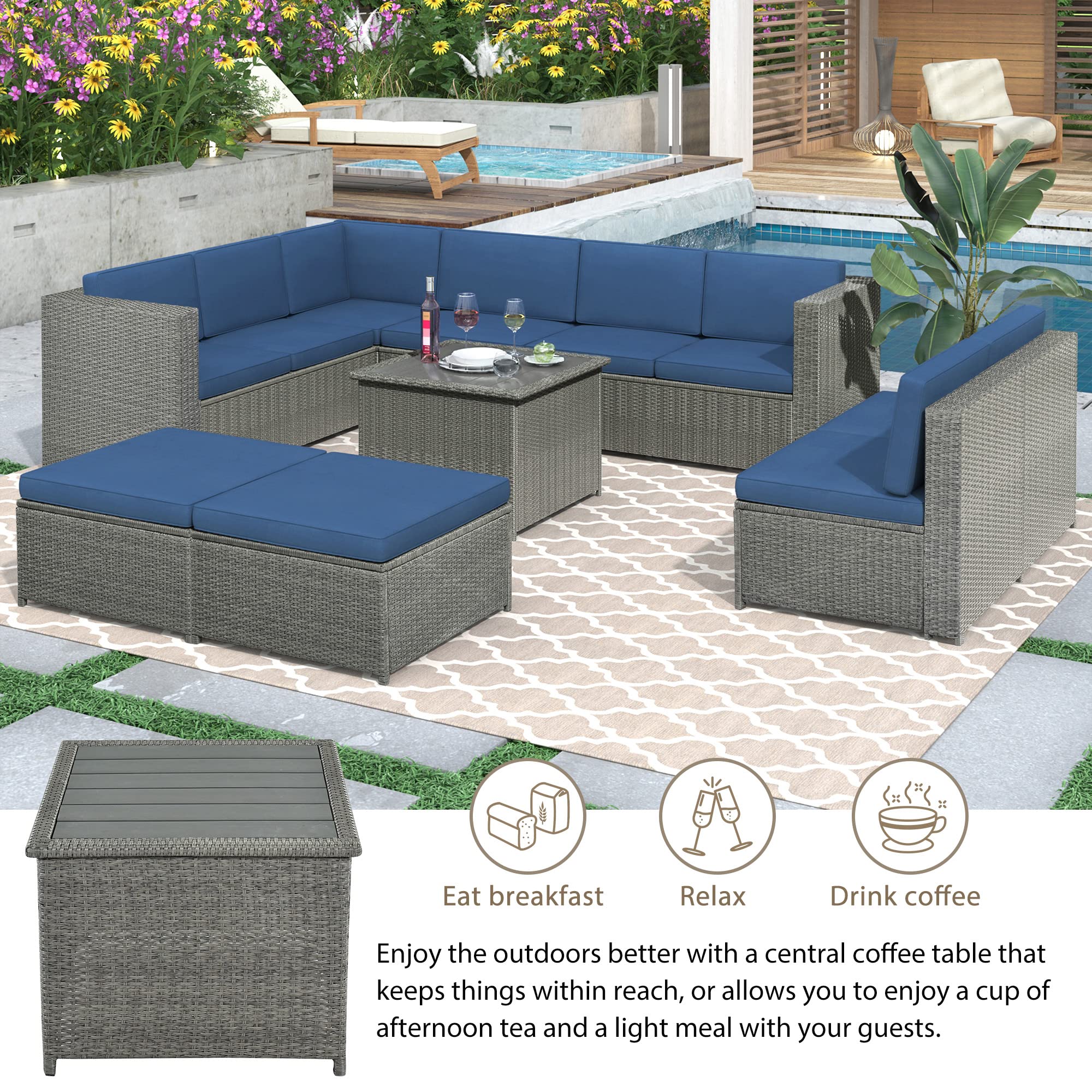 Merax 9 Pieces Patio Furniture Set Outdoor Conversation PE Wicker Rattan Sectional Sofa, Coffee Table and Ottoman, Gray