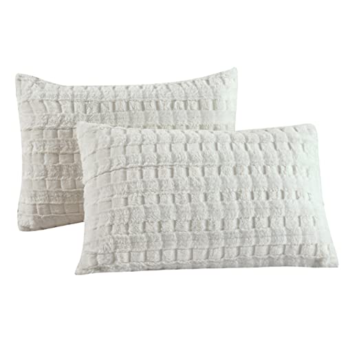 Yunyiio Faux Fur Pillowcase Fluffy Plaid Hold Pillowcase Pillow Shams Fluffy Plush Decorative Pillowcase (Queen, Beige)