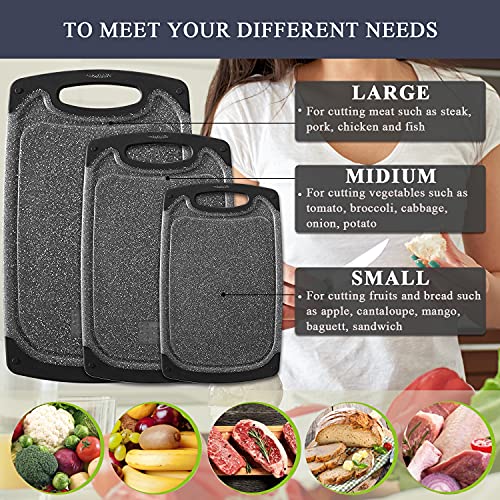 Viretang Plastic Cutting Board, 3 Pieces Dishwasher Safe Cutting Boards for Kitchen with Juice Grooves, Easy Grip Handle, Non-Slip, with Grinding Area for Grinding Garlic and Ginger(Dark Grey)