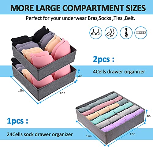 GOGOODA Bra Socks Drawer Organizers, 3 Pack Foldable Bra Drawer Organizer with Large Compartments -Washable PBT Fabric, Cabinet Organizer Box for Bras, Socks,Ties(4 +4+24Cell,Gray)