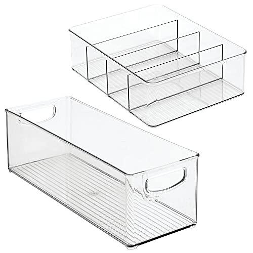 mDesign Kitchen Plastic Storage Organizer Combo Set of 2 Bins - For Kitchen, Pantry, Cabinet, Fridge/Freezer for Organizing Snacks, Produce, Vegetables, Pasta Food, 2 Piece Set - Clear