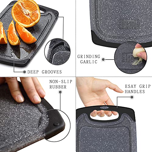 Viretang Plastic Cutting Board, 3 Pieces Dishwasher Safe Cutting Boards for Kitchen with Juice Grooves, Easy Grip Handle, Non-Slip, with Grinding Area for Grinding Garlic and Ginger(Dark Grey)