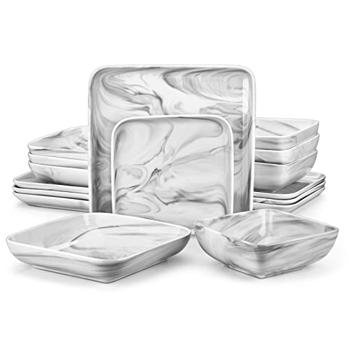 MALACASA Plates and Bowls Sets, 16 Piece Porcelain Square Dinnerware Sets for 4, Marble Dish Set with Dinner Plates, Dessert Plates, Soup Plates and Bowls, Modern Dishes Dinnerware Set, Series IVY