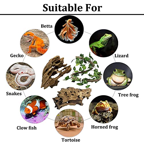 PINVNBY Reptile Plants, Reptile Vines and Flexible Reptile Leaves Large Driftwood Tank Habitat Decor for Bearded Dragons Snakes Geckos Frogs Chameleon(3 PCS)