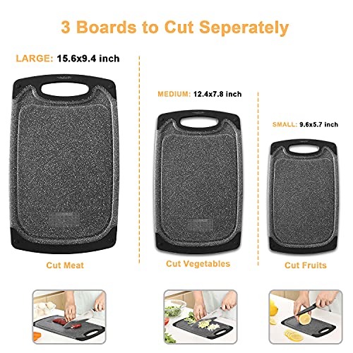 Viretang Plastic Cutting Board, 3 Pieces Dishwasher Safe Cutting Boards for Kitchen with Juice Grooves, Easy Grip Handle, Non-Slip, with Grinding Area for Grinding Garlic and Ginger(Dark Grey)